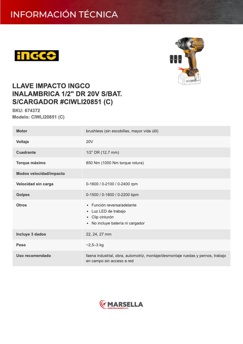 Llave Impacto Inalambrico 1/2 DR 20V Solo Herramienta CIWLI20851 INGCO ...